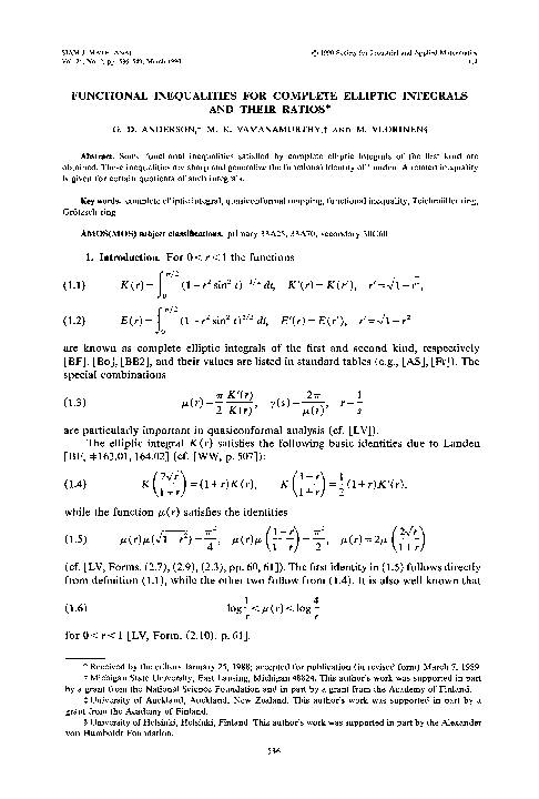 Pdf Functional Inequalities For Complete Elliptic Integrals And Their Ratios
