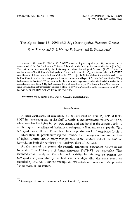 (PDF) The Egion June 15, 1995 (6.2M L ) earthquake, western Greece