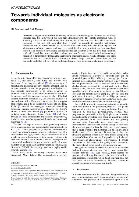 (PDF) Towards individual molecules as electronic components