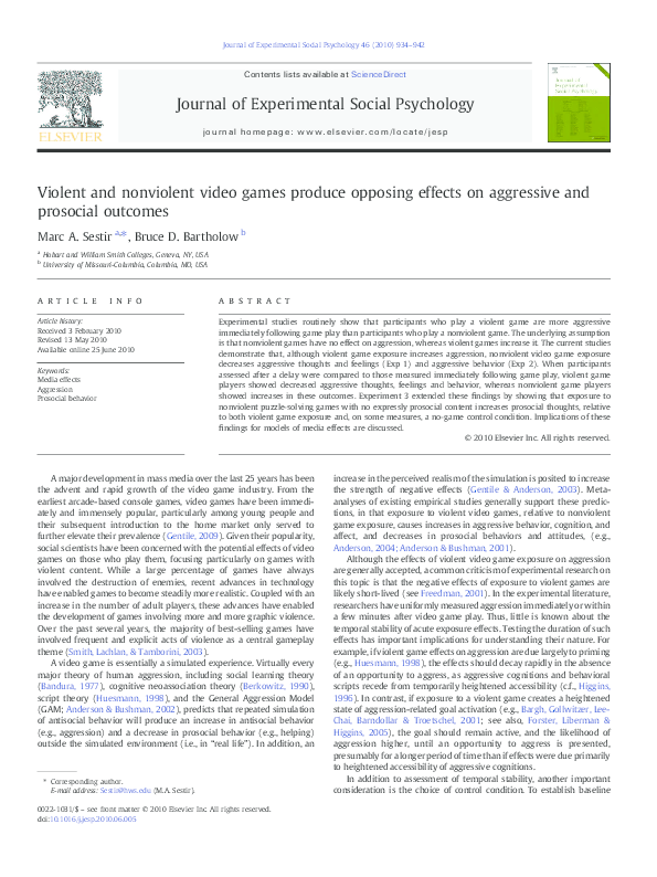(PDF) Violent and nonviolent video games produce opposing effects on ...
