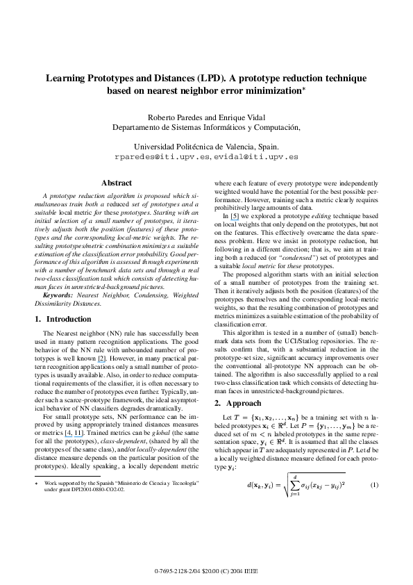 Pdf Learning Prototypes And Distances Lpd A Prototype Reduction Technique Based On Nearest 