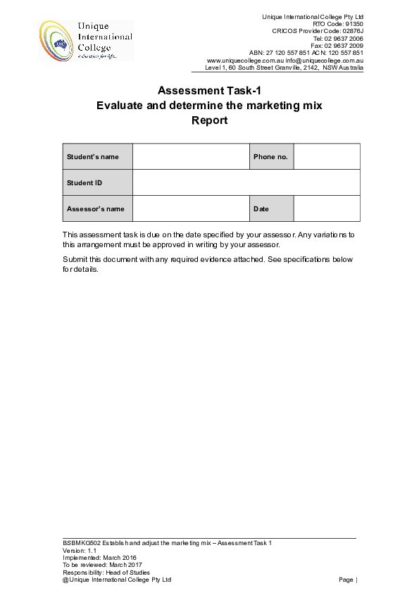 (DOC) Assessment Task-1 Evaluate and determine the marketing mix Report