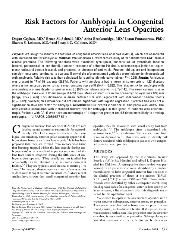 (PDF) Risk Factors for Amblyopia in Congenital Anterior Lens Opacities