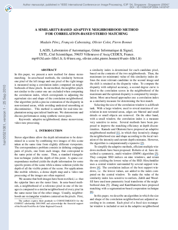 Pdf A Similarity Based Adaptive Neighborhood Method For Correlation Based Stereo Matching