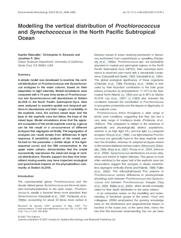Pdf Modelling The Vertical Distribution Of Prochlorococcus And Synechococcus In The North