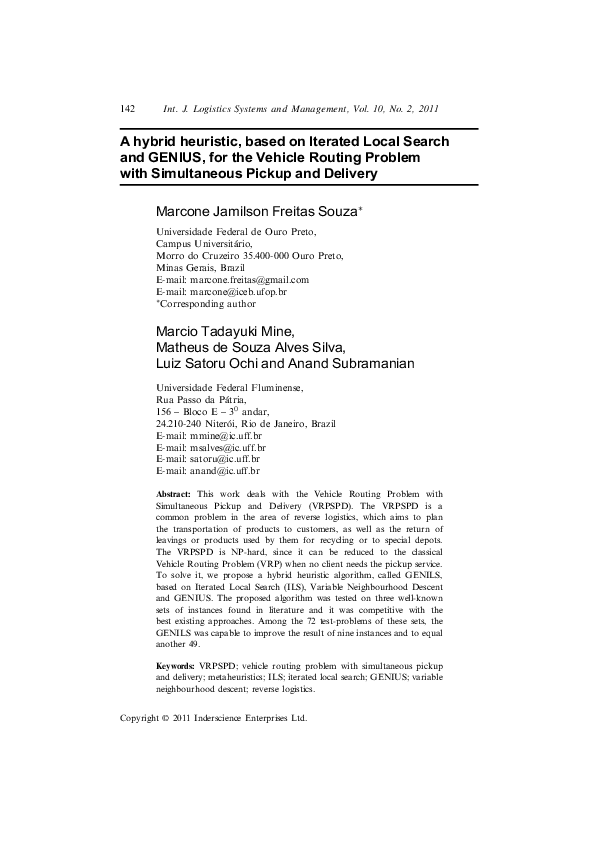 Pdf A Hybrid Heuristic Based On Iterated Local Search And Genius For The Vehicle Routing