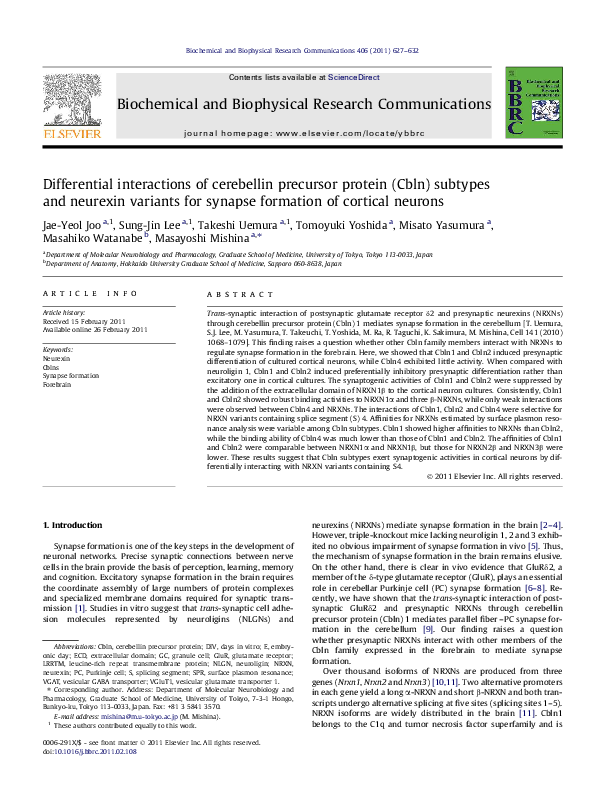 (PDF) Differential interactions of cerebellin precursor protein (Cbln ...
