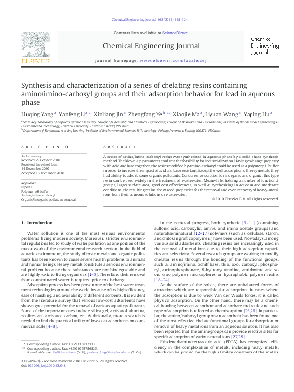 (PDF) Synthesis and characterization of a series of chelating resins containing amino/imino ...