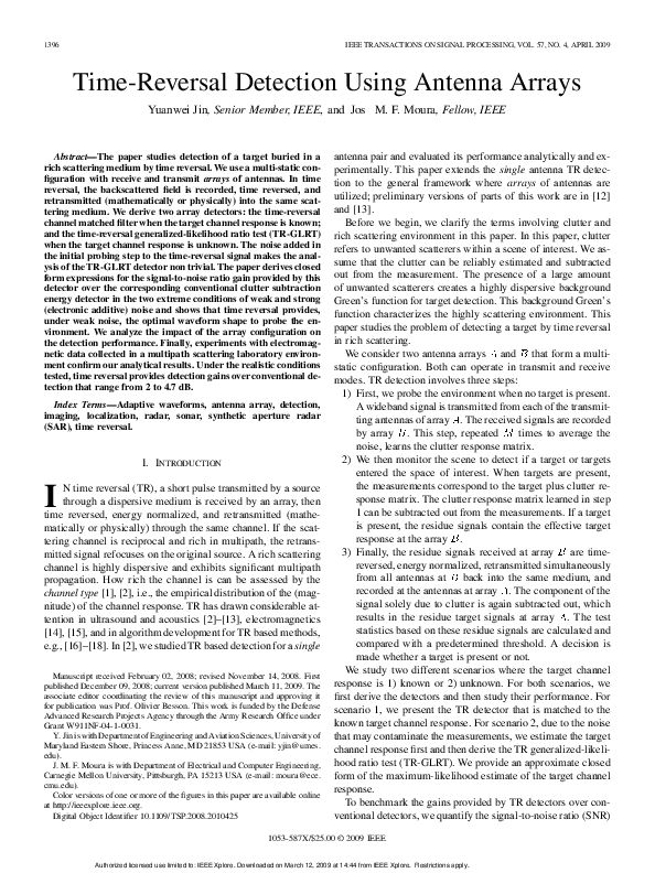 Pdf Time Reversal Detection Using Antenna Arrays