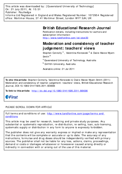 (PDF) Moderation and consistency of teacher judgement: teachers’ views