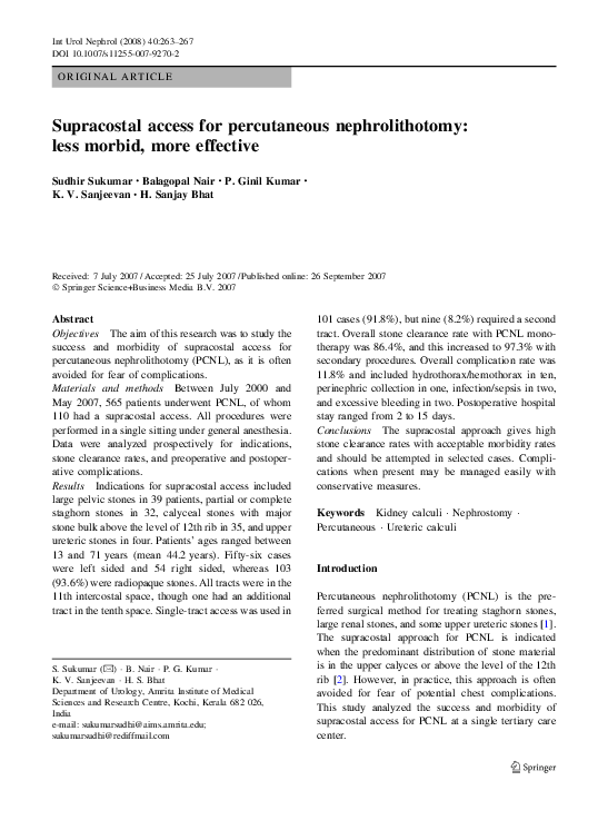 (PDF) Supracostal access for percutaneous nephrolithotomy: less morbid ...