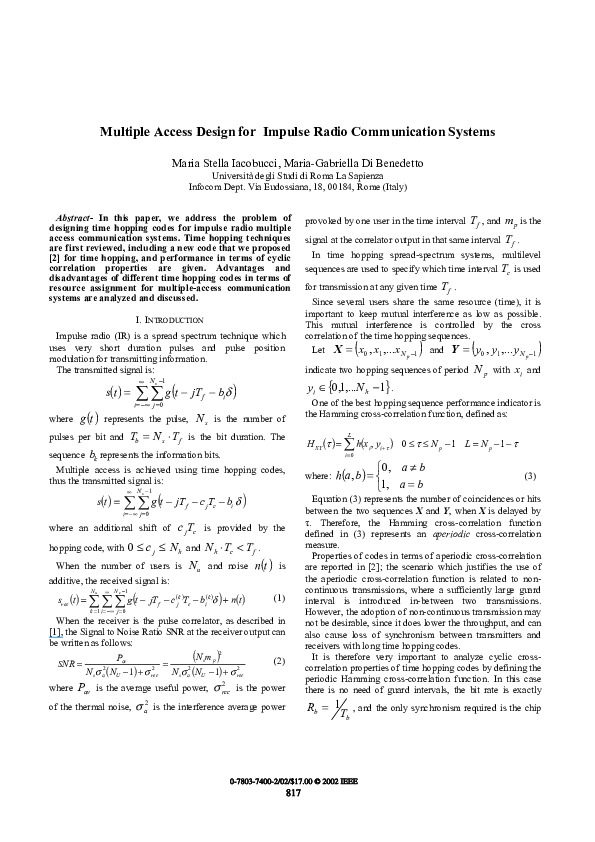 (PDF) Multiple access design for impulse radio communication systems