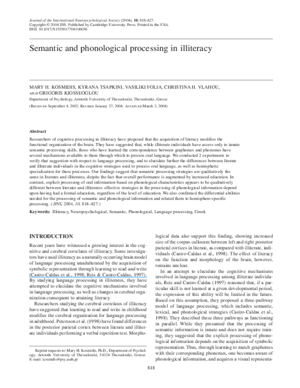 (PDF) Degree of illiteracy and phonological and metaphonological skills in unschooled adults ...