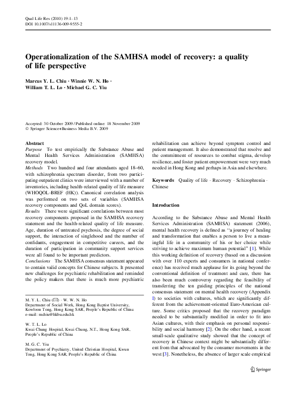 (PDF) Operationalization of the SAMHSA model of recovery: a quality of ...