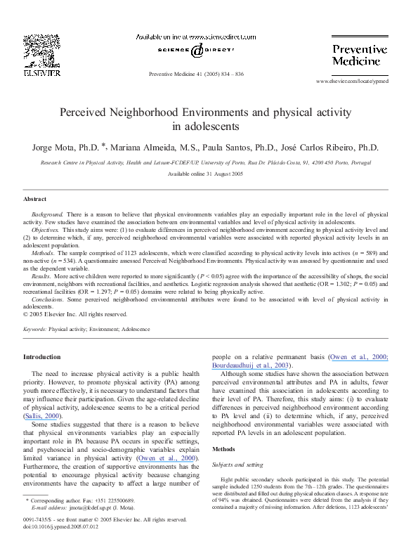 (PDF) Perceived Neighborhood Environments and physical activity in adolescents