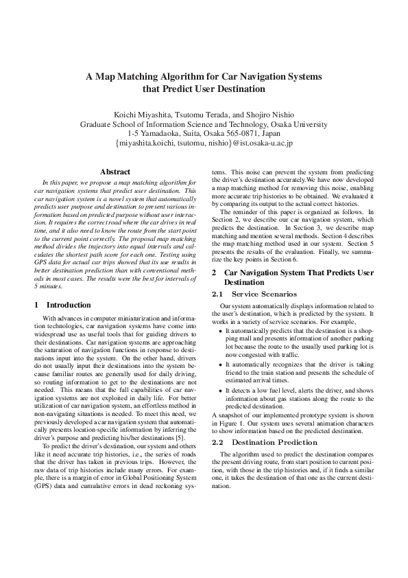 Pdf A Map Matching Algorithm For Car Navigation Systems That Predict User Destination 6336