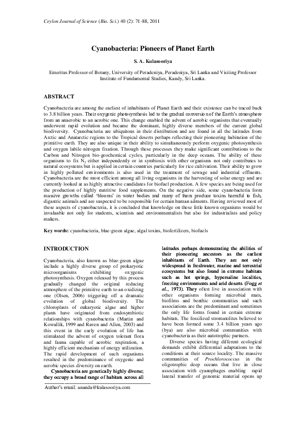 (PDF) CJS Bio lead article.pdf: Cyanobacteria: Pioneers of Planet Earth.