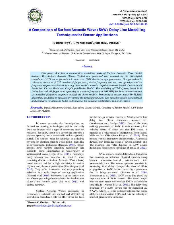 (PDF) A Comparison of Surface Acoustic Wave (SAW) Delay Line Modelling ...