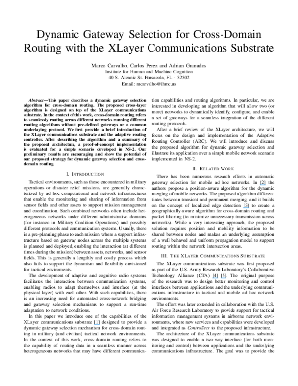 Pdf Dynamic Gateway Selection For Cross Domain Routing With The Xlayer Communications Substrate