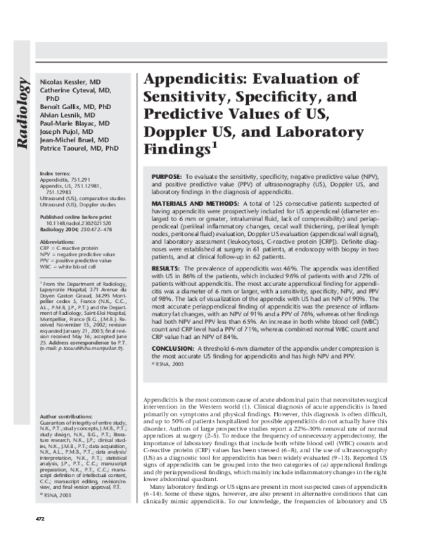 (PDF) Appendicitis: Evaluation of Sensitivity, Specificity, and ...