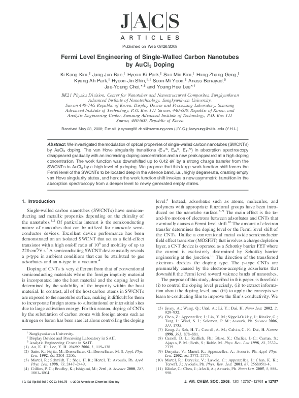 (PDF) Fermi Level Engineering of Single-Walled Carbon Nanotubes by AuCl ...