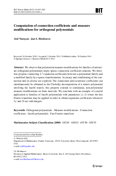 Pdf Computation Of Connection Coefficients And Measure Modifications For Orthogonal Polynomials