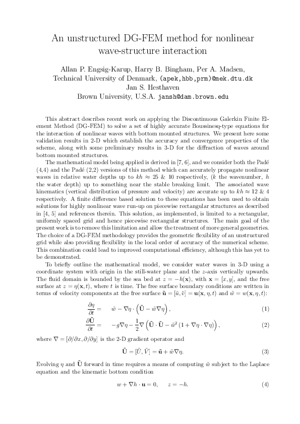 Pdf An Unstructured Dg Fem Method For Nonlinear Wave Structure Interaction Jan S Hesthaven