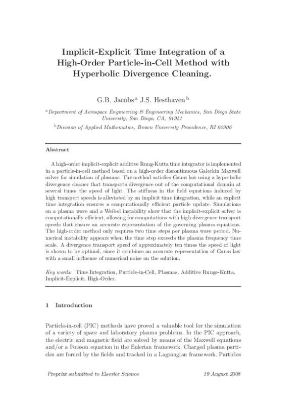 Pdf Implicitexplicit Time Integration Of A High Order Particle In Cell Method With Hyperbolic