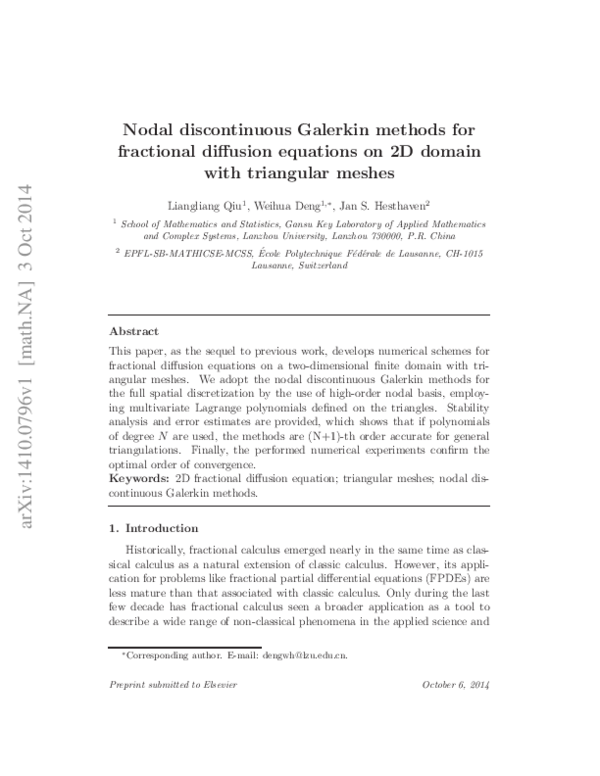 (PDF) Nodal discontinuous Galerkin methods for fractional diffusion equations on 2D domain with ...