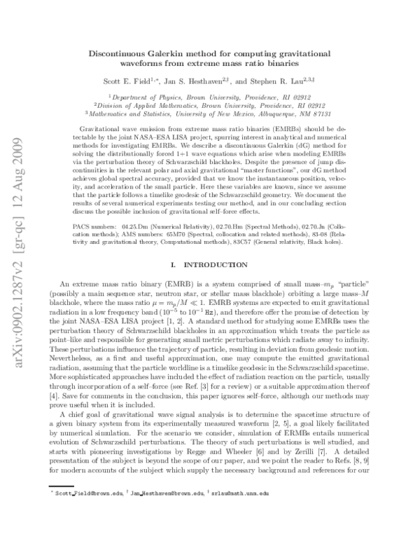 (PDF) Discontinuous Galerkin method for computing gravitational waveforms from extreme mass ...