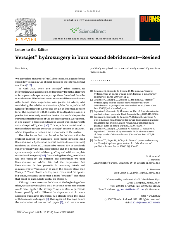 (PDF) Versajet ® hydrosurgery in burn wound debridement—Revised