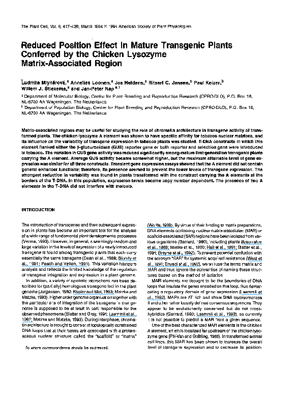(PDF) Reduced Position Effect in Mature Transgenic Plants Conferred by ...