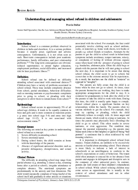 (PDF) Understanding and managing school refusal in children and adolescents