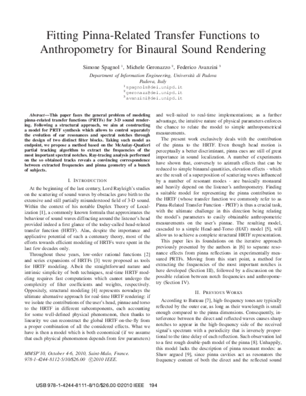(PDF) Fitting pinna-related transfer functions to anthropometry for binaural sound rendering