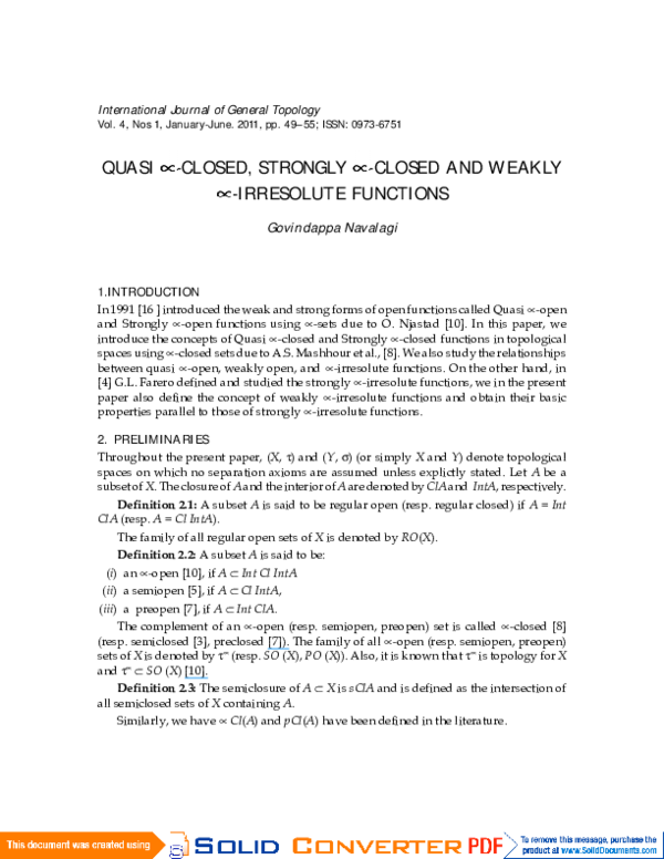 (PDF) Quasi -Closed, Strongly -Closed and Weakly -Irresolute Functions