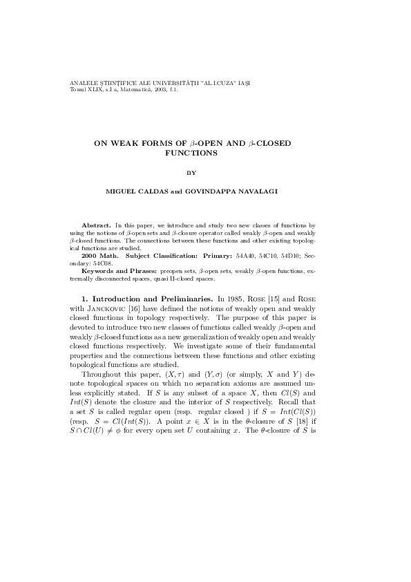 (PDF) On Weak Forms of Β-Open and Β-Closed Functions | Govindappa Navalagi - Academia.edu