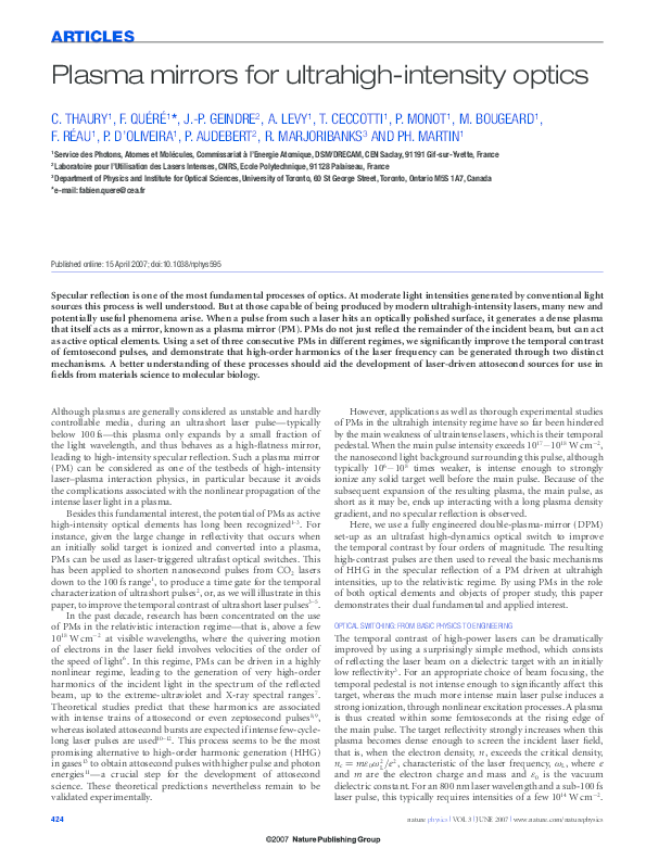 (PDF) Plasma mirrors for ultrahigh-intensity optics