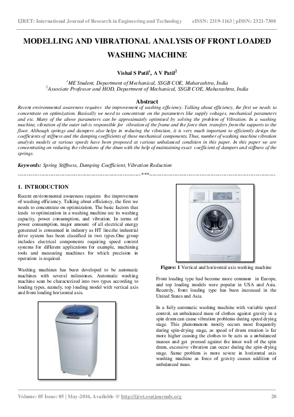 (PDF) MODELLING AND VIBRATIONAL ANALYSIS OF FRONT LOADED WASHING MACHINE