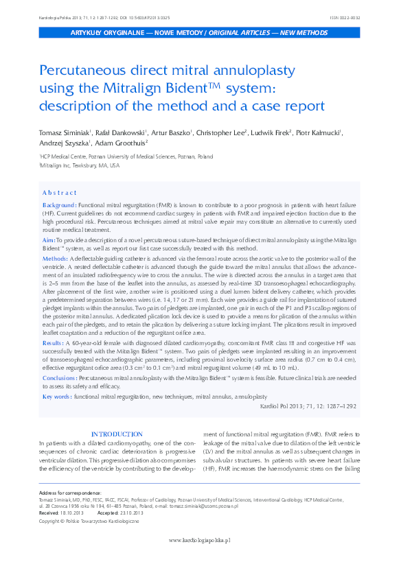 (PDF) Percutaneous direct mitral annuloplasty using the Mitralign ...