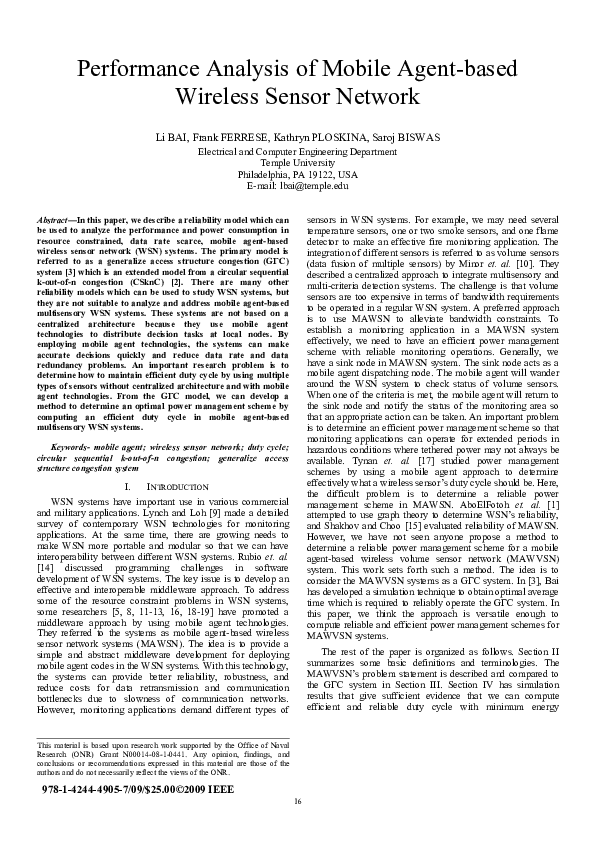 (PDF) Performance analysis of mobile agent-based wireless sensor network