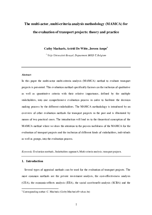 Pdf The Multi Actor Multi Criteria Analysis Methodology Mamca For The Evaluation Of