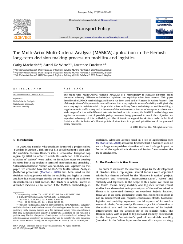 (PDF) The Multi-Actor Multi-Criteria Analysis (MAMCA) application in the Flemish long-term ...
