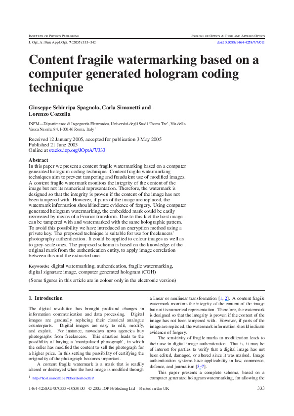 Pdf Content Fragile Watermarking Based On A Computer Generated Hologram Coding Technique
