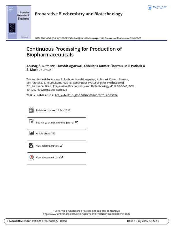 (PDF) Preparative Biochemistry and Biotechnology Continuous Processing for Production of ...