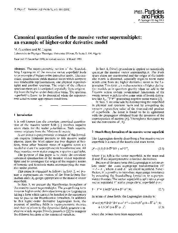 (PDF) Canonical quantization of the massive vector supermultiplet: an example of higher-order ...
