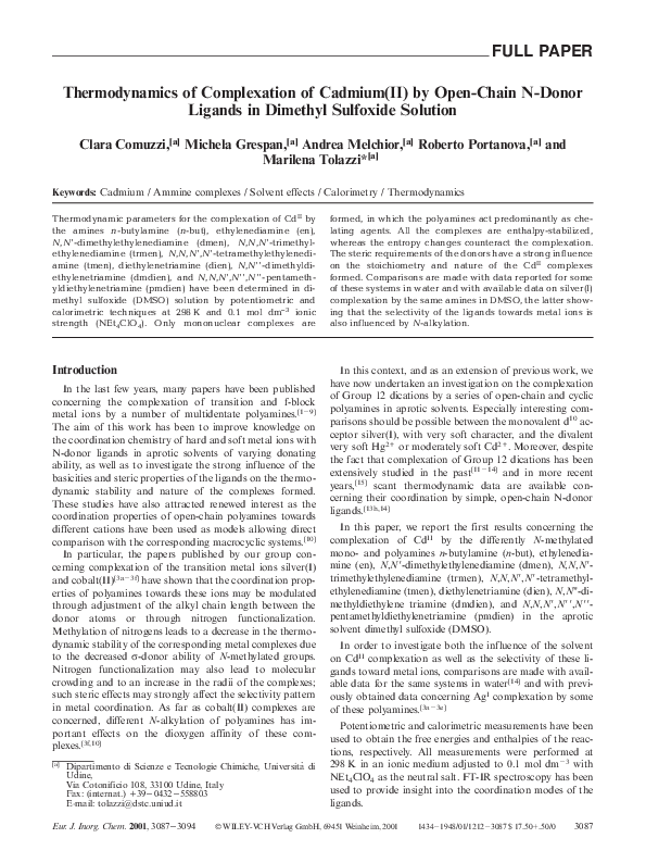 (PDF) Thermodynamics of Complexation of Cadmium(II) by Open-Chain N ...