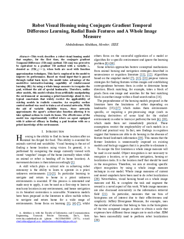 (PDF) Robot visual homing using conjugate gradient Temporal Difference learning, radial basis ...