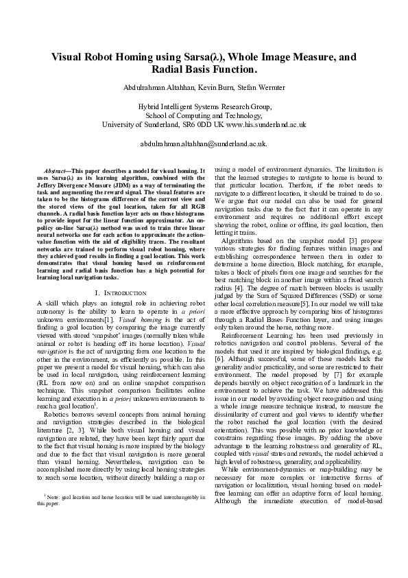 (PDF) Visual robot homing using Sarsa(lambda), whole image measure, and radial basis function