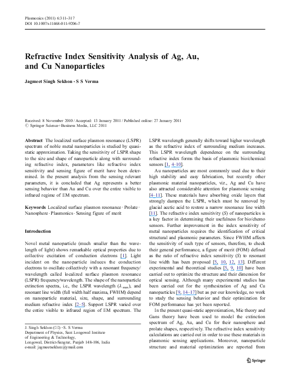 (PDF) Refractive Index Sensitivity Analysis of Ag, Au, and Cu Nanoparticles