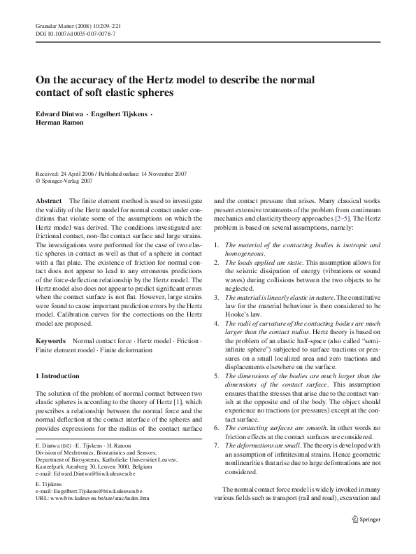 (PDF) On the accuracy of the Hertz model to describe the normal contact ...
